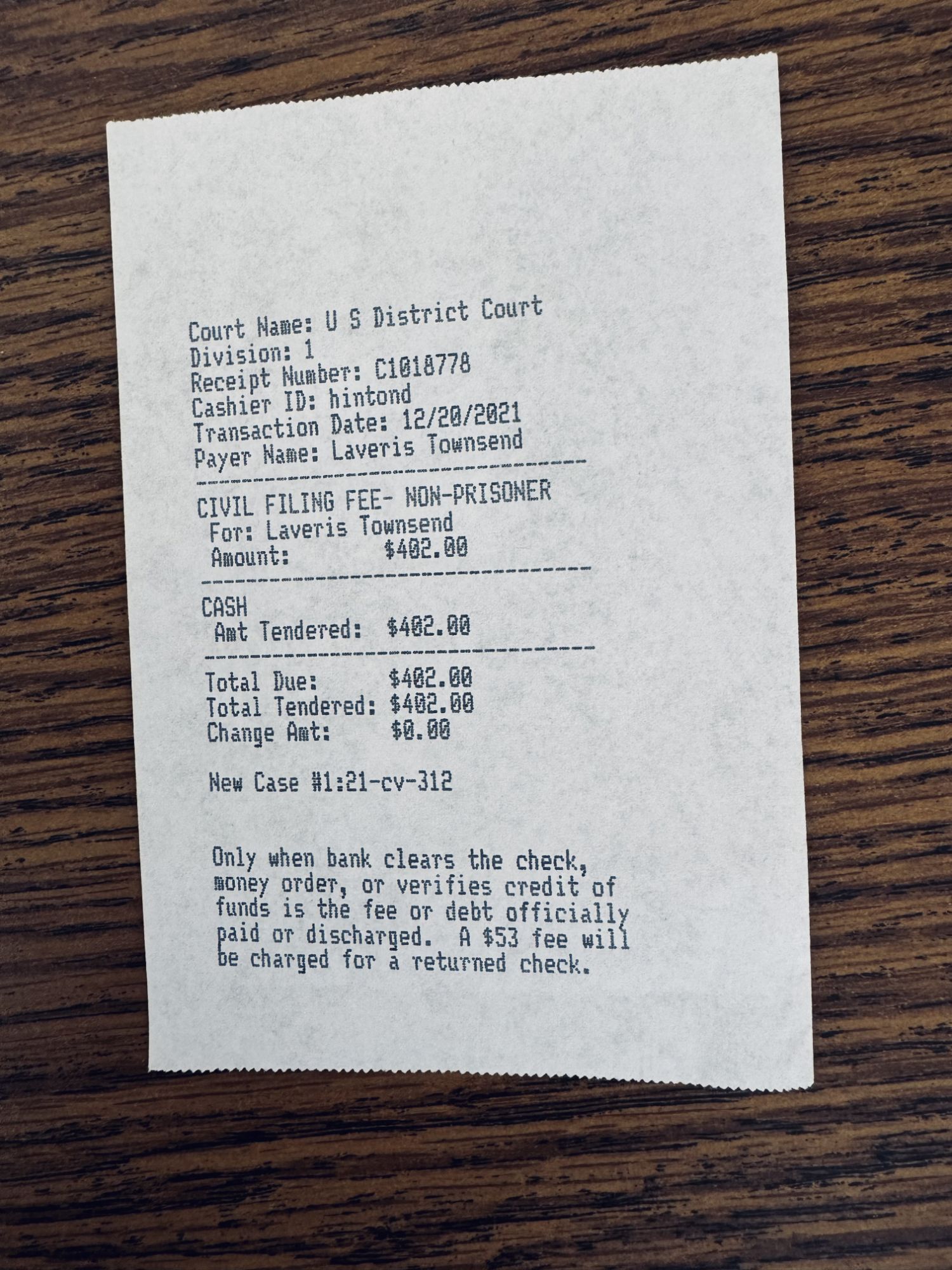 Receipt – Civil Filing Fee – Direction New